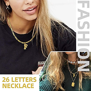 Gold Plated Diamond Cut Letter Initial T Pendant Necklace for Women A-Z Name Jewelry 16Inch/18inch Figaro Choker Chain Adjustable Personalized