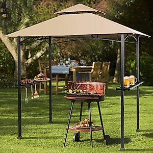 Giantex Grill Gazebo BBQ Canopy Tent Outdoor Patio Grill Shelter Double Tier Sun-Resistant Roof W/Air Vent Steel Frame Hooks Bottle Opener, 8'X5' Beige