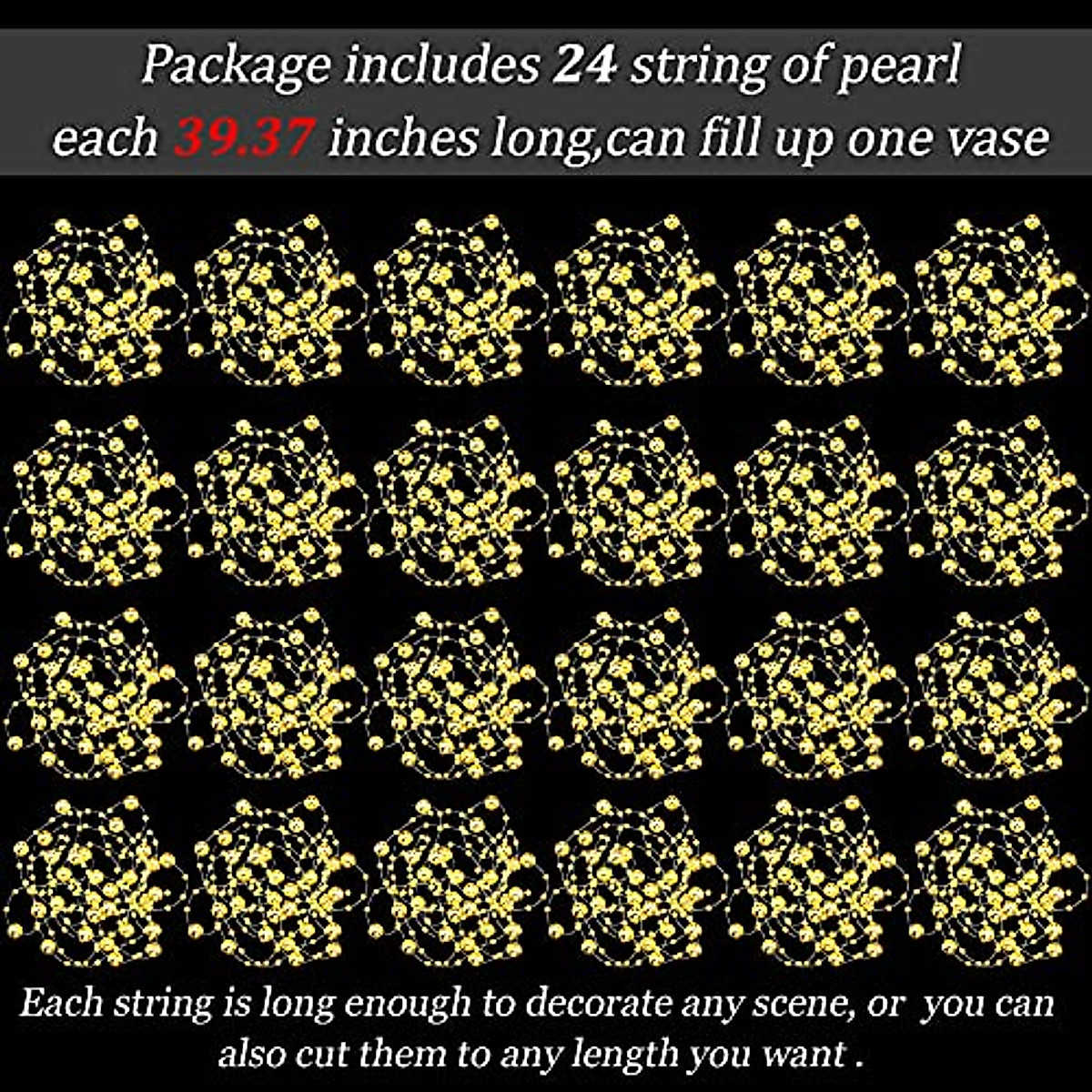24 Pcs Artificial Pearl String for Floating Candle Faux Pearls Beads String Pearl Party Garland Decoration for Vases Filler Wedding Centerpiece Christmas Party Decor (Gold)