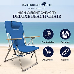 Caribbean Joe Folding Beach Chair, 4 Position Portable Backpack Foldable Camping Chair with Headrest, Cup Holder, and Wooden Armrests, Blue