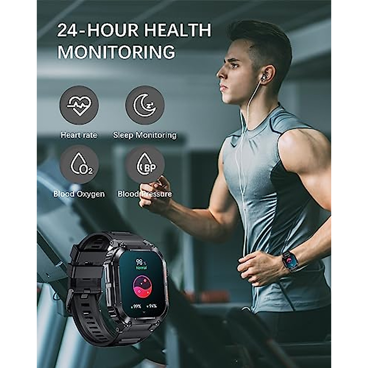 PODOEIL Military Smart Watch for Men with 2 Strap Text and Call Fitness Tracking/Heart Rate/Sleep Monitoring/Waterproof Outdoor Sports Rugged Tactical Watches for Android and iPhone Black