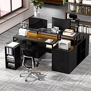 SunsGrove L Shaped Computer Desk with 3 Drawers, 65.7" Large Desk with Power Outlet and LED Lights, Corner Computer Desk with Monitor and CPU Stand, Home Office Desks with File Drawer (Black)