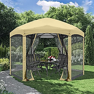 COOSHADE Pop Up Gazebo 6 Sided Screened Canopy Tent Outdoor Screen House(Beige)