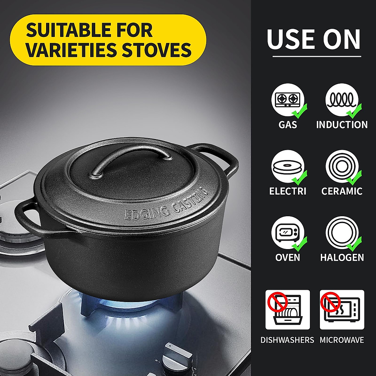 EDGING CASTING Pre-Seasoned Cast Iron Dutch Oven Pot with Lid Dual Handle, Round 5 Quart, Black