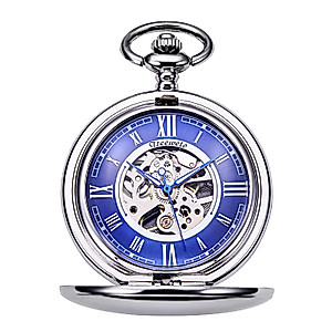 TREEWETO Pocket Watch - Smooth Double Case Series Skeleton Dial Delicate Mechanical Movement with Chain, Silver