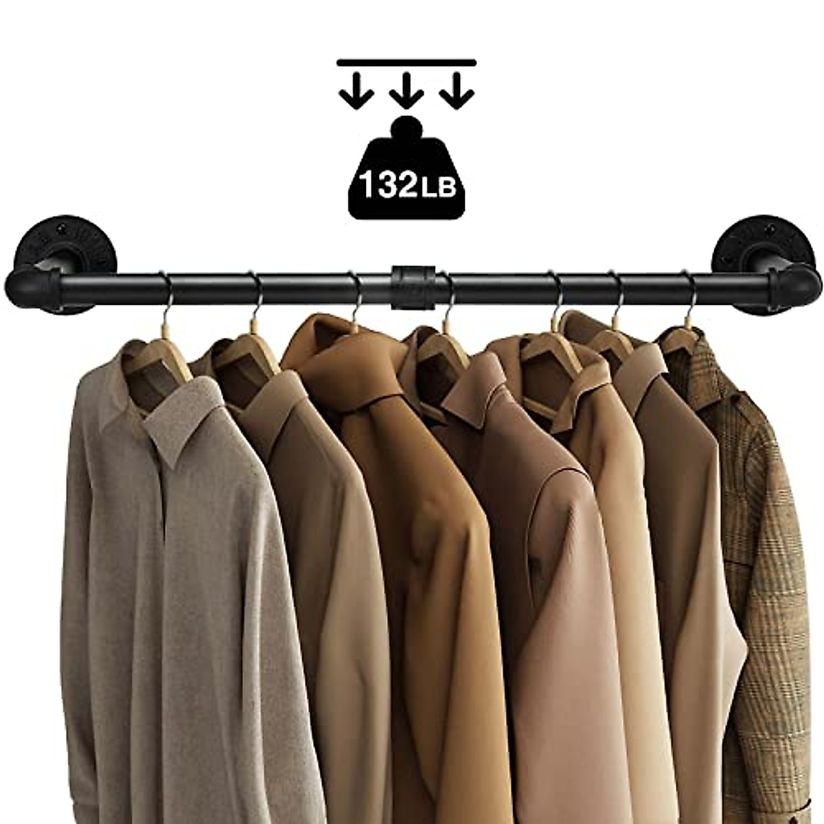 GREENSTELL Clothes Rack,36.2 Inch Industrial Pipe Wall Mounted Garment Rack,Space-Saving Hanging Clothes Rack,Heavy Duty Detachable Garment Bar,Multi-Purpose Hanging Rod for Closet 2 Base (2 Pack)