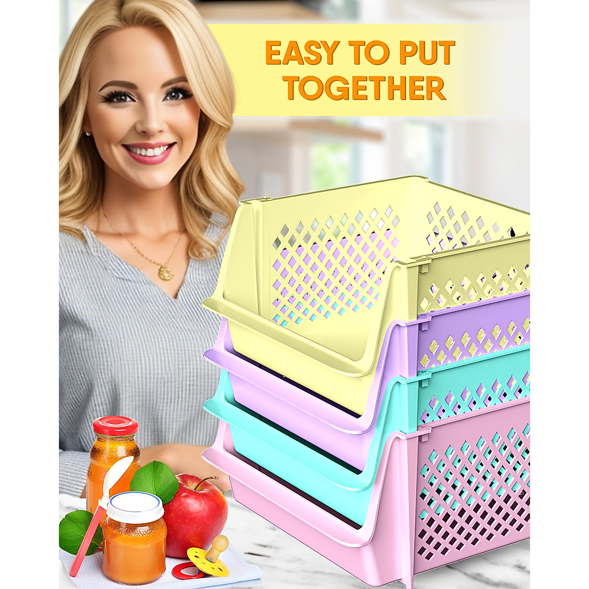 Skywin Large Stackable Storage Bins for Pantry, Multi - 4 Pack Stackable Bins For Organizing Food, Kitchen, and Bathroom Essentials (Rhombus)