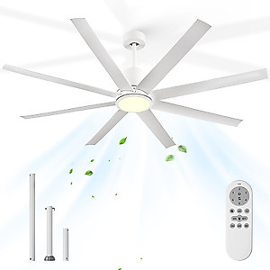 FookChak 65in White Large Ceiling Fan with Lights Remote Control 8-Blade Outdoor Ceiling Fan Light for Patio, Multi-speed Reversible Airflow for Garage Home Office Gym Room Living Room Bedroom