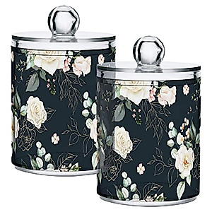 Gredecor 4 Pack Qtip Dispenser Apothecary Jars Bathroom Organizer, Romantic Pink Gold Flowers Black Qtip Holder Storage Canister Plastic Acrylic Jar for Cotton Ball/Swab/Rounds
