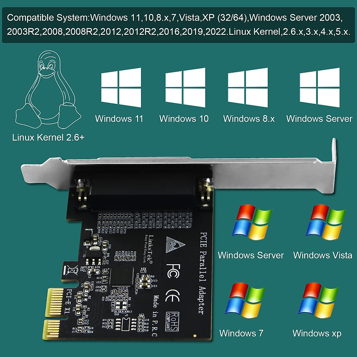 LinksTek 1-Port PCI Express Parallel Card for Printers, IEEE 1284 Standard DB25 LPT PCIE Parallel Port, Supports IEEE 1284 SPP, Nibble, Byte and ECP Mode, PCIE DB25 Parallel Port Card (PCIE-PA1)