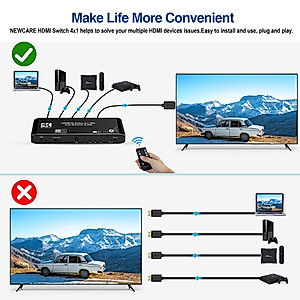 NEWCARE 4K@60Hz 4x1 HDMI Switch Audio Extractor with Optical Toslink SPDIF/Coaxial/3.5mm Audio Out, 4 Ports HDMI 2.0b Switcher with Remote Control Support ARC, HDCP 2.2, 3D, for Xbox, Fire Stick, PS5