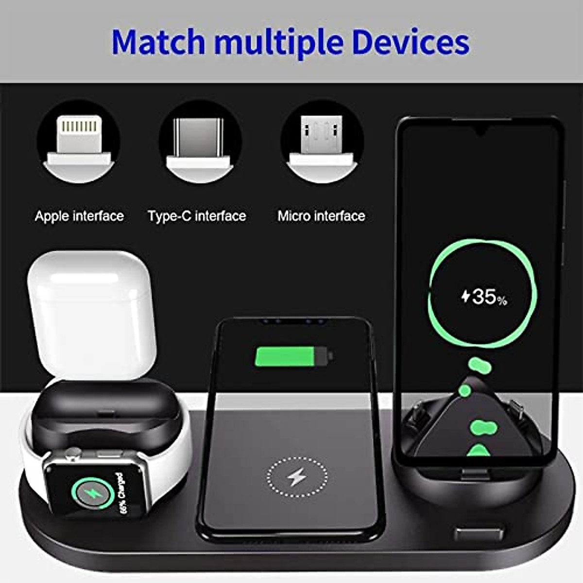 Wireless Charging Station, TZONOO 6 in 1 Fast Charging Stand for Multiple Devices, Apple Watch Series 6/SE/5/4/3/2, AirPods Pro, iPhone 14/14pro/13/13 Pro/12/12 Pro/11 Series/XS Max(Black)