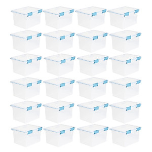 Sterilite 32 Quart Stackable Clear Plastic Storage Tote Container with Blue Gasket Latching Lid for Home and Office Organization, Clear (24 Pack)