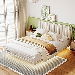 CITYLIGHT Upholstered Floating Bed Frame,Smart LED Bed Frame with Sensor Light and Headboard, Modern Velvet Floating Bed for Girls Boys Teens Adults, Beige