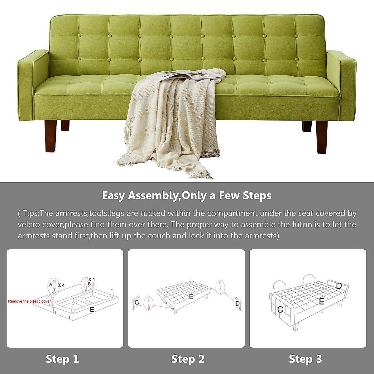 Setawix Linen Futon Sofa Couch Bed Button Tufted Convertible Sleeper Sofa Beds Reclining Armed 3 Seater Sofas Couches for Living Room Bedroom Apartment Small Spaces (Green)