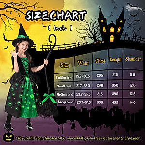 Poshetion Witch Halloween Costumes for Girls, Toddler Light Up Witch Dress with Witch Broom and Hat, Kids Witch Costume Glow in the Dark for Wicked Halloween Dress-Up Party Gifts (Green, Toddler)