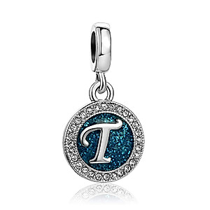 TGLS Spakling Blue Letter T Initial Charm Alphabet Capital Name Dangle Beads Compatible With Pandora Charms Bracelets