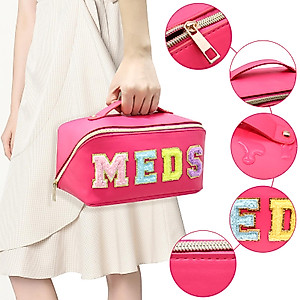 dark swan Chenille Letter Portable Makeup Bag Medicine Drug Bag Waterproof Leather, Preppy Patch Makeup Cases w/ Zipper, MEDS First Aid Pouch Purpose Bag School Home Travel Camping Supplies (Pink)