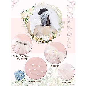 Campsis Wedding Bridal Veil White Pearl Tulle Short Veil Bow Knot 1 Tier Veil Bride Hair Accessories for Women and Girls (A-Clip)