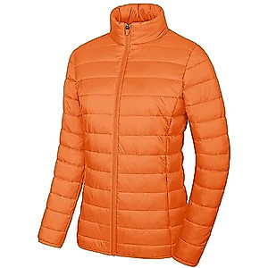 MAGCOMSEN Puffer Coat Women Winter Ultra-light Quilted Padded Jacket with 4 Pockets Full Zip Stand Collar Warm Coat, Orange M