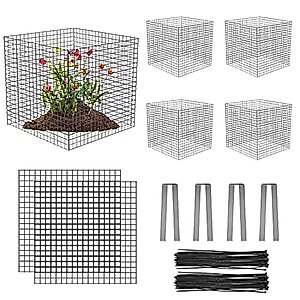 5 Pack Wire Plant Protectors Square Wire Plant Cages Mesh Plant Cage Chicken Wire Cloche with 20 Ground Stakes and 100 Nylon Ties Protect Plants, Garden,Shrubs and Vegetables from Animals, 12x12 inch