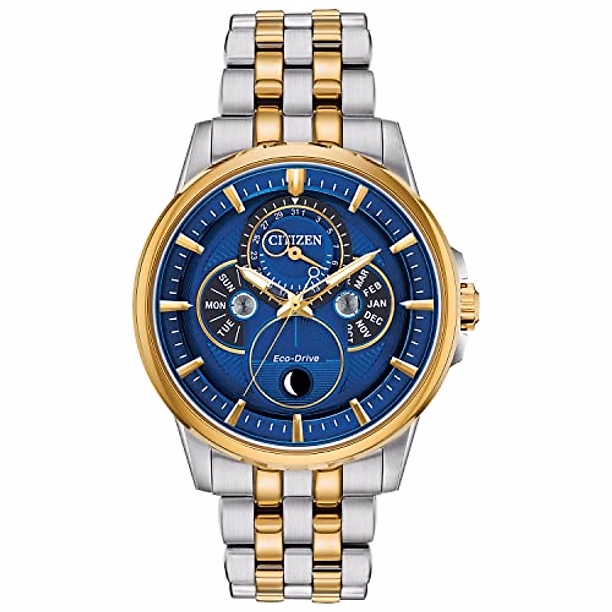 Citizen Men's Classic Calendrier Eco-Drive Watch, Moonphase Indicator, Month, Day and Date, Two Tone/Blue Dial