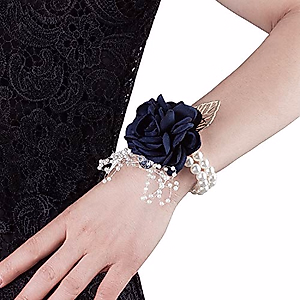Crownguide Crownguide Wedding Boutineers Wrist Corsage Set Boutineer Wristlet Prom Bridal Rustic Corsage for Bridesmaid Womens Girls Navy Blue