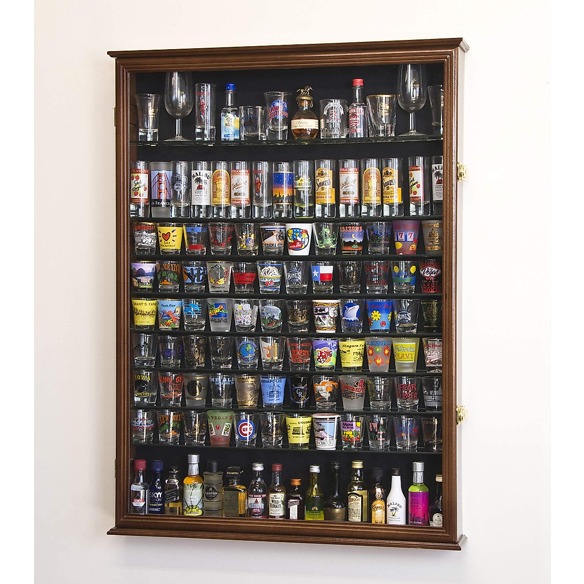 XL Shot Glass Display Case Rack Holder Cabinet for Tall Shooter and Mini Liquor Bottle -Walnut