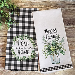 Seliem Summer Eucalyptus Greenery Kitchen Dish Towel Set of 2, Buffalo Plaid Check Absorbent Hand Drying Baking Cooking Cloth, Spring Seasonal Farmhouse Decor Bless Our Sweet Home Decorations 18 x 26