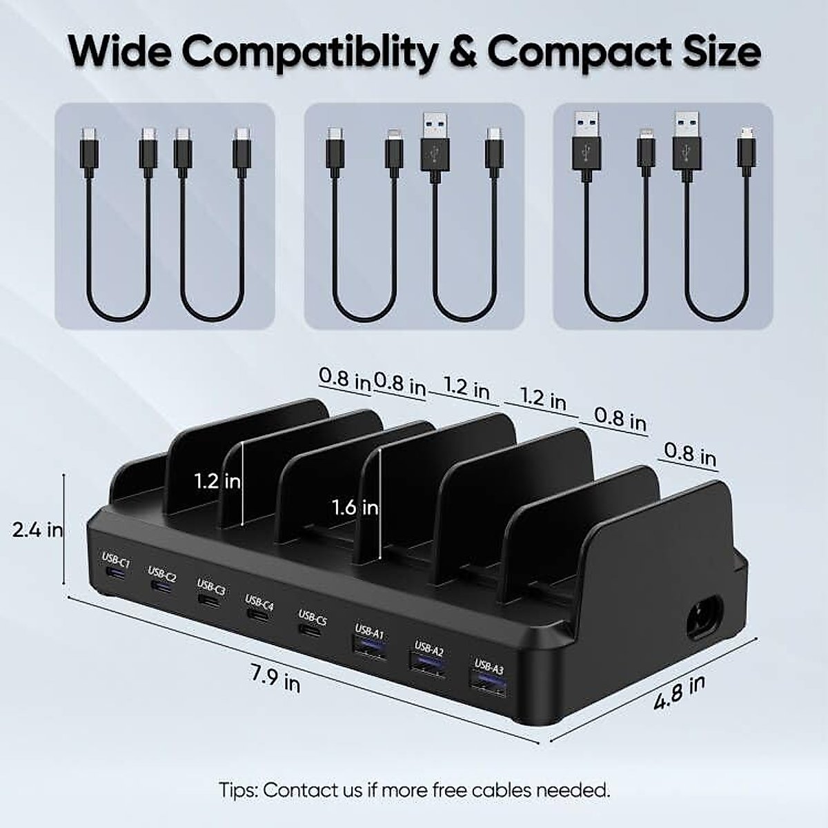 280W USB C Charging Station for Multiple Devices, 8 Port Multi Device Fast Charging Station for MacBook iPhone 15 Phone iPad Tablets Black (6 Mixed Short Cables Included)