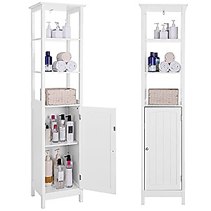 VASAGLE Floor Cabinet, Multifunctional Bathroom Storage Cabinet with 3-Tier Shelf, Free-Standing Linen Tower, Wooden Cupboard, White UBBC63WT