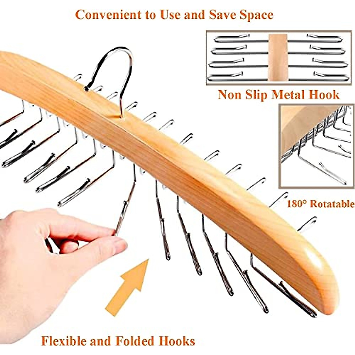 3 Pack Tank Top Hanger with Premium Wood,24 Large Capacity Foldable Metal Hooks,Space Saving,360° Rotating,Closet Organizer for Tank Tops/Bras/Scarfs/Ties/Belts/Camisole/Bathing Suits/Stockings