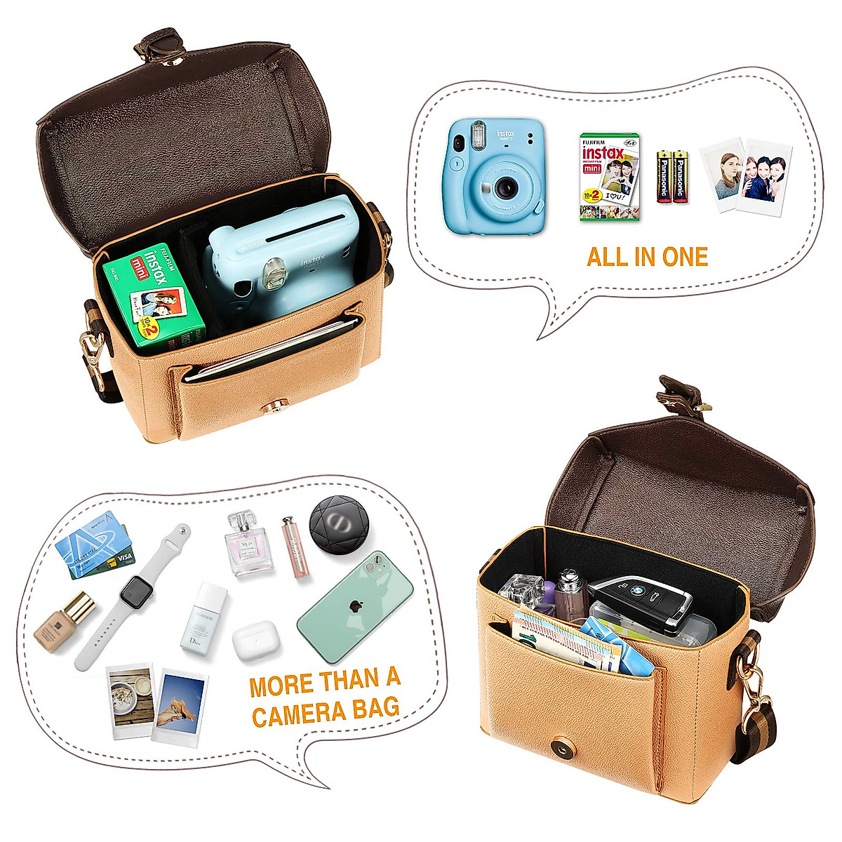 FINPAC Protective Case Leather Crossbody Handbag for Fujifilm Instax Mini 12/11/9/8+/8/90/70/40/26+/25/7s/Mini LiPlay/Square SQ1/SQ6/SQ40 Polaroid PIC-300 Instant Camera with Film Pack Pocket, Brown