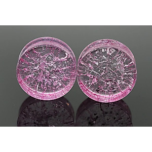 Pair 9/16" (14MM) PINK SHATTERED GLASS PLUGS Double Flare Gauges Cracked Organic Tunnels (2pcs)