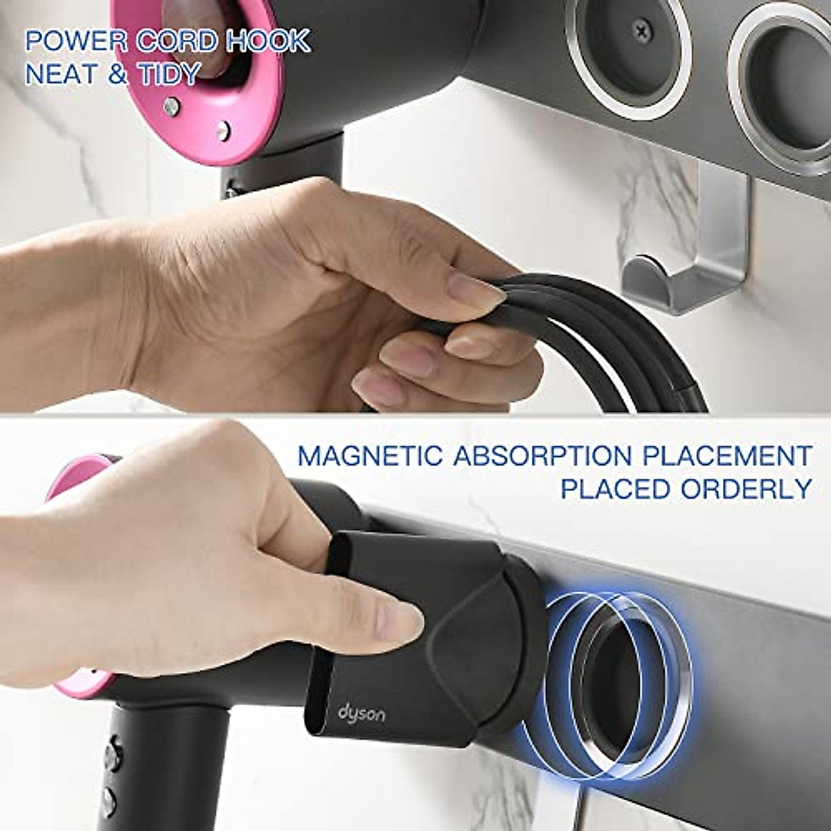 SINGSUO Hair Dryer Holder for Dyson, Wall Mount Blow Dryer Holder for Dyson, Magnetic Hair Dryer Wall Bracket, Hair Dryer Hanger, Hair Dryer Organizer for Dyson (Large, Gray)