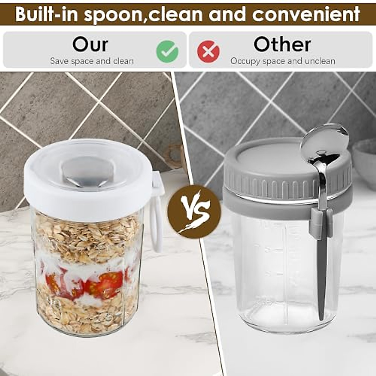 Quald Overnight Oats Containers with Lids, Folding Spoons and Divided Compartments for Fruit (4 Pack)