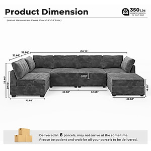 ovios 130.7" Modular Sectional Sofa Couch, U Shaped Minimalist Couches with Sofa Bed Chaise, Modern Deep Seat Cloud Plush Corduroy Sofa Set for Living Room, 6 Seat, Grey