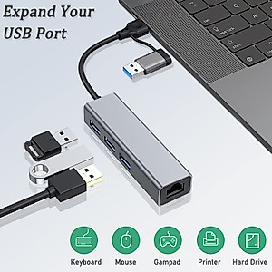 USB to Ethernet Adapter, VIENON USB 3.0 Hub with 1 Gigabit RJ45 Ethernet Port Network USB Network Adapter with USB C Adapter for Laptop