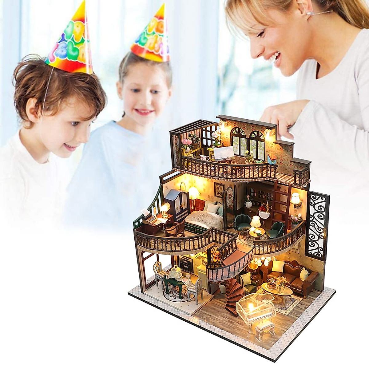 SYCW DIY Dollhouse Miniature Wooden Furniture Kit with Dust Cover and Music Box, Doll House Kit with LED Light, Mini Handmade Wooden Dollhouse Toys, Multicolored