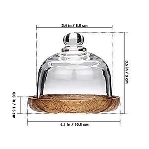 Yardwe 2 Sets Glass Dome with Wooden Base Mini Cake Stand Glass Display Dome Cloche Clear Glass Bell Jar Cover for Dessert Cheese Candy Plants Succulents (4.1 x 3.7 Inch)
