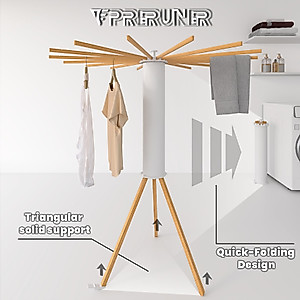 Preruner Foldable Tripod Clothes Drying Rack - Space Saving Design with 16 Expandable Drying Rods, Wooden Octopus Clothing Stand for Home, Balcony and Bedroom Use