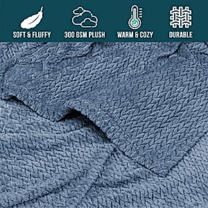 PAVILIA Soft Flannel Fleece Blanket Throw Dusty Blue, Textured Decorative Velvet Blanket for Couch Sofa Bed, Fuzzy Plush Cozy Warm Lightweight Microfiber Throw, Jacquard Weave Leaves Pattern 50x60
