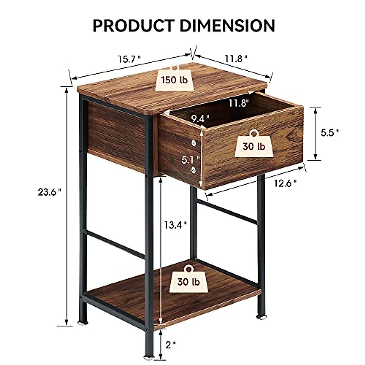 SunnyFurn Nightstand with 2 Tier Storage Shelf,Bedside Table for Living Room and Bedroom,Easy to Install Side Table,End Table with Drawer Shelves for Small Space,Set of 2 Brown