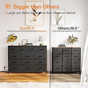 ODK Dresser with Charging Station, 57-Inch Long Dresser for Bedroom, Large Dresser TV Stand with 13 Storage Drawers, Fabric Dresser Chest of Drawers, Black