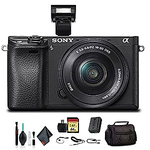 Sony Alpha a6300 Mirrorless Camera with 16-50mm Lens Black ILCE6300L/B with Soft Bag, 64GB Memory Card, Card Reader, Plus Essential Accessories