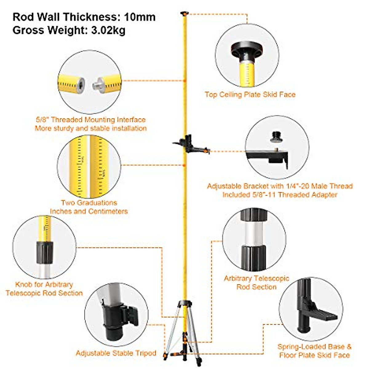 Huepar 12 Ft./3.7m Telescoping Pole with 1/4-Inch by 20-Inch Laser Mount for Rotary and Line Laser Level, Adjustable Telescoping Pole with Tripod - 5/8"-11 Adapter Nut Included LP36