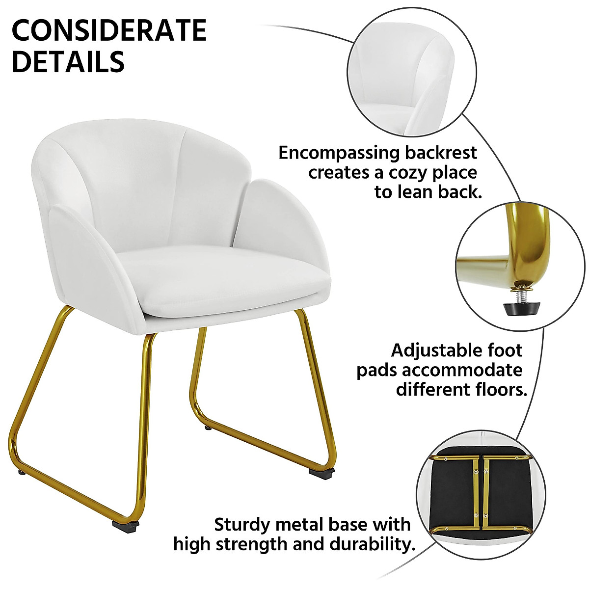 Yaheetech Flower Shape Velvet Armchair, Modern Side Chair Vanity Chair with Golden Metal Legs for Living Room/Dressing Room/Bedroom/Home Office/Kitchen, 2 Pieces, White