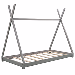 Bellemave Twin House Beds Wood Toddler House Bed Frame Montessori Style Teepee Bed for Kids Boys Girls Teens, Gray