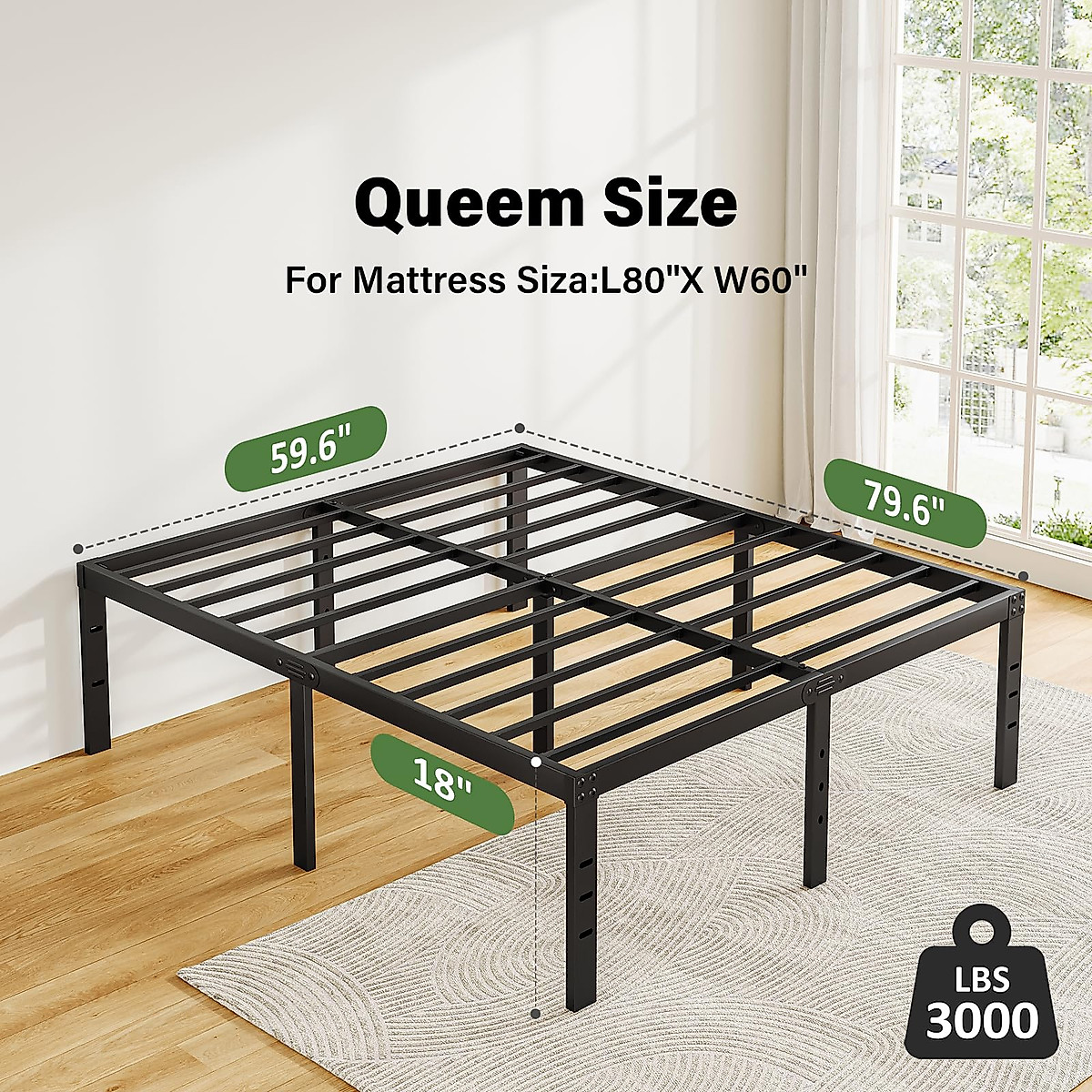 18 Inch Queen Bed Frame No Box Spring Needed, Metal Platform Bed Frame Queen Size, Easy Assembly Heavy Duty Noise Free Tall Bed Frame, Black