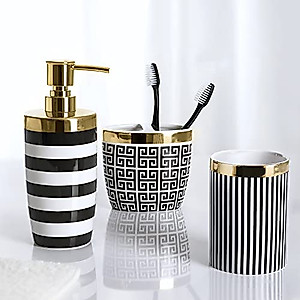 Allure Home Creation Derby 3-Piece Ceramic Bathroom Accessory Set Black & White with Metallic Gold Finish